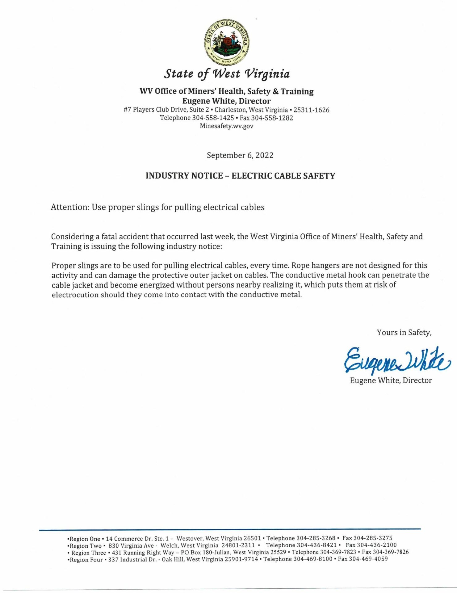 INDUSTRY NOTICE - ELECTRIC CABLE SAFETY - WV Office of Miners' Health ...